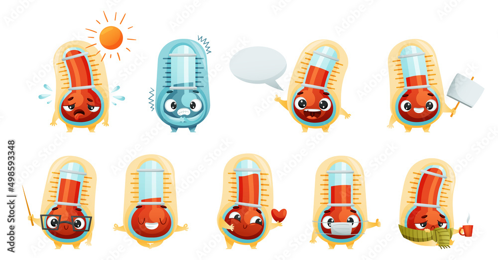 Cartoon Thermometer Character in Different Activity Sweating, Freezing ...