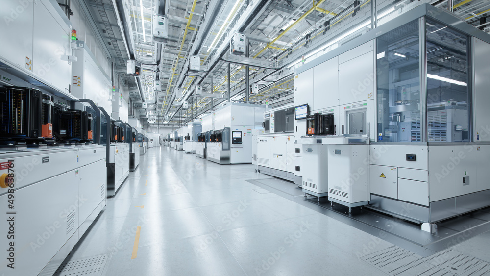 Wide Shot of Bright Advanced Semiconductor Production Fab Cleanroom ...