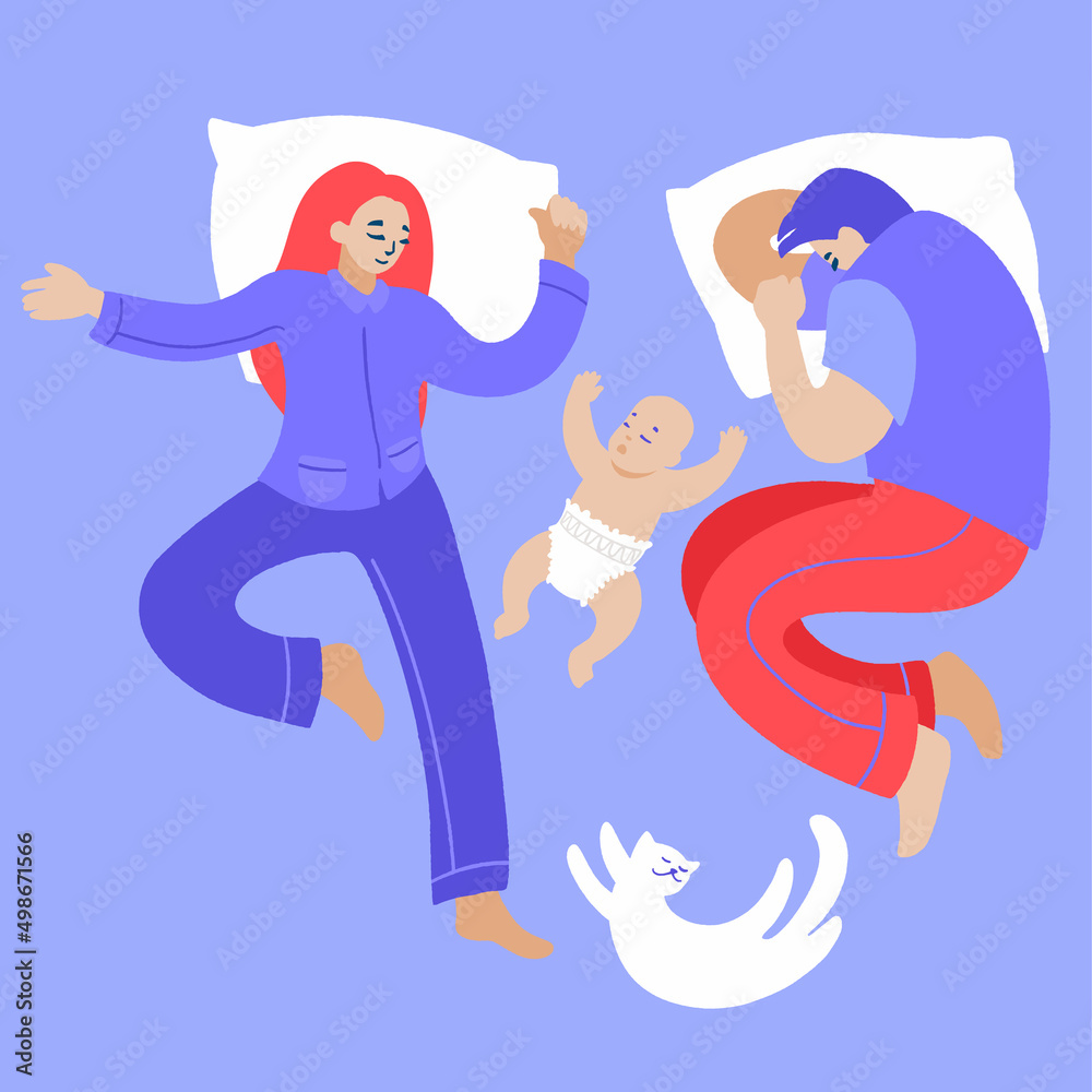 Happy family nap. Mother, father and baby sleeping together on bed top ...