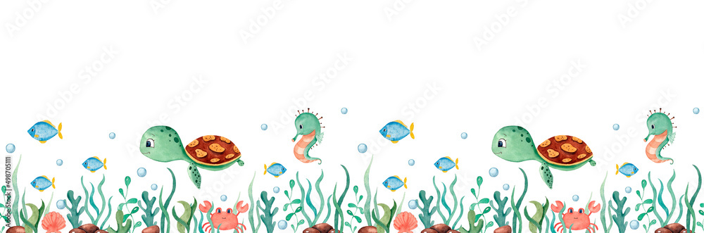 Watercolor seamless border with underwater world, sea turtle, seahorse ...