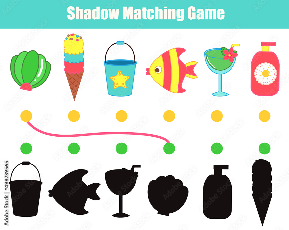 Shadow matching game. Summertime beach theme Kids activity. Find ...