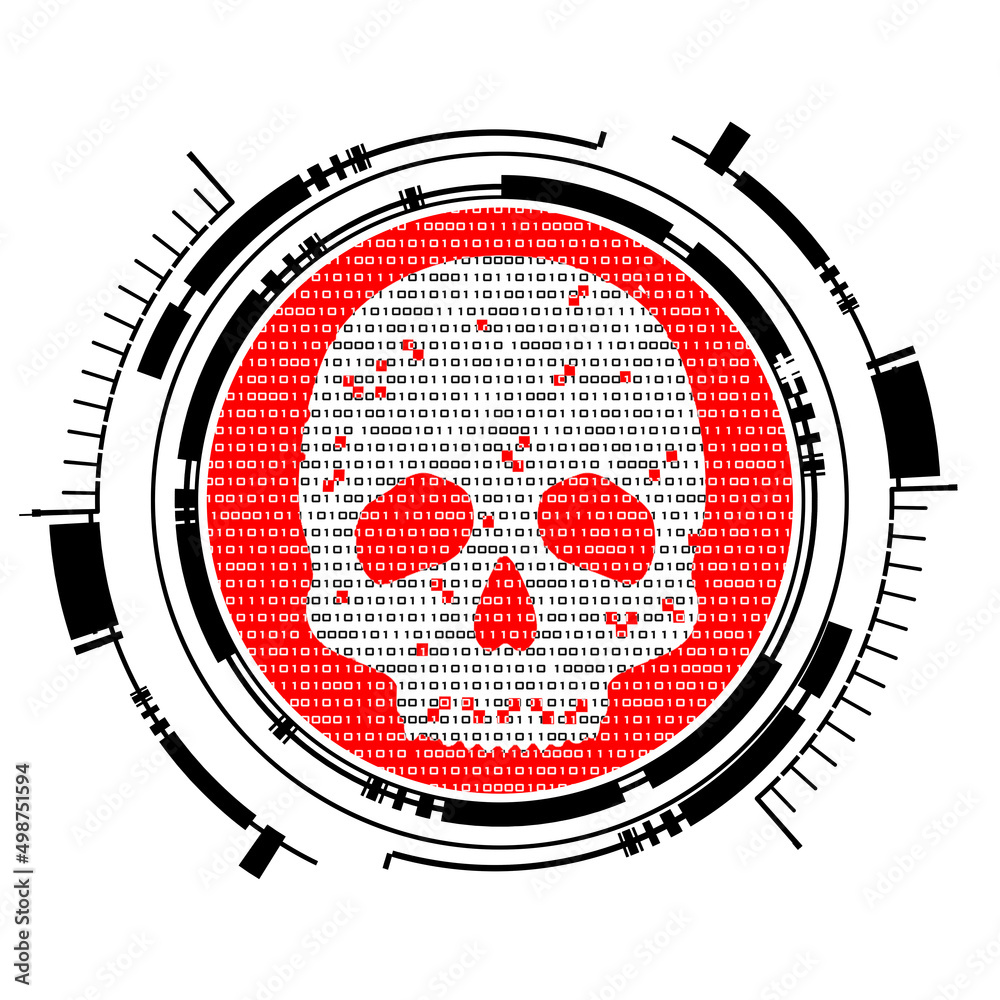 Pirate skull, hacking, system breach, virus, malware with binary code ...