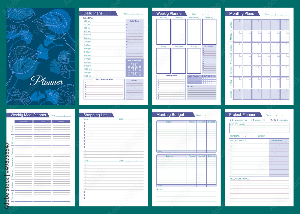 Printable vector planner pages templates in blue shades. Daily, weekly ...