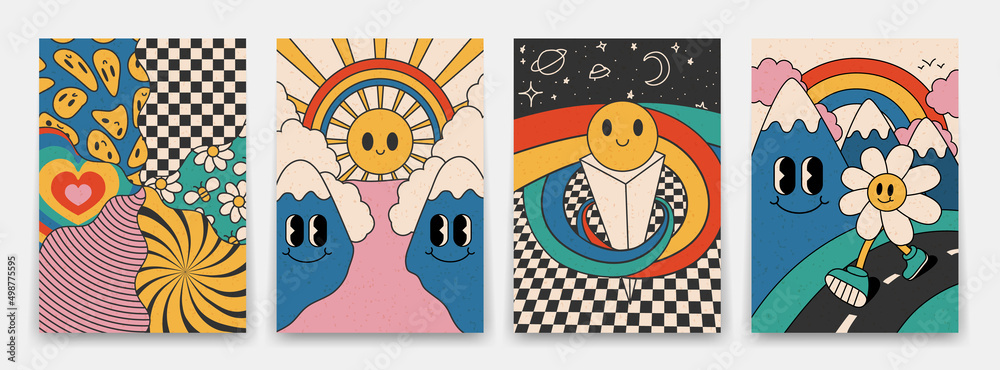 Collection of bright groovy posters 70s. Retro poster with psychedelic ...