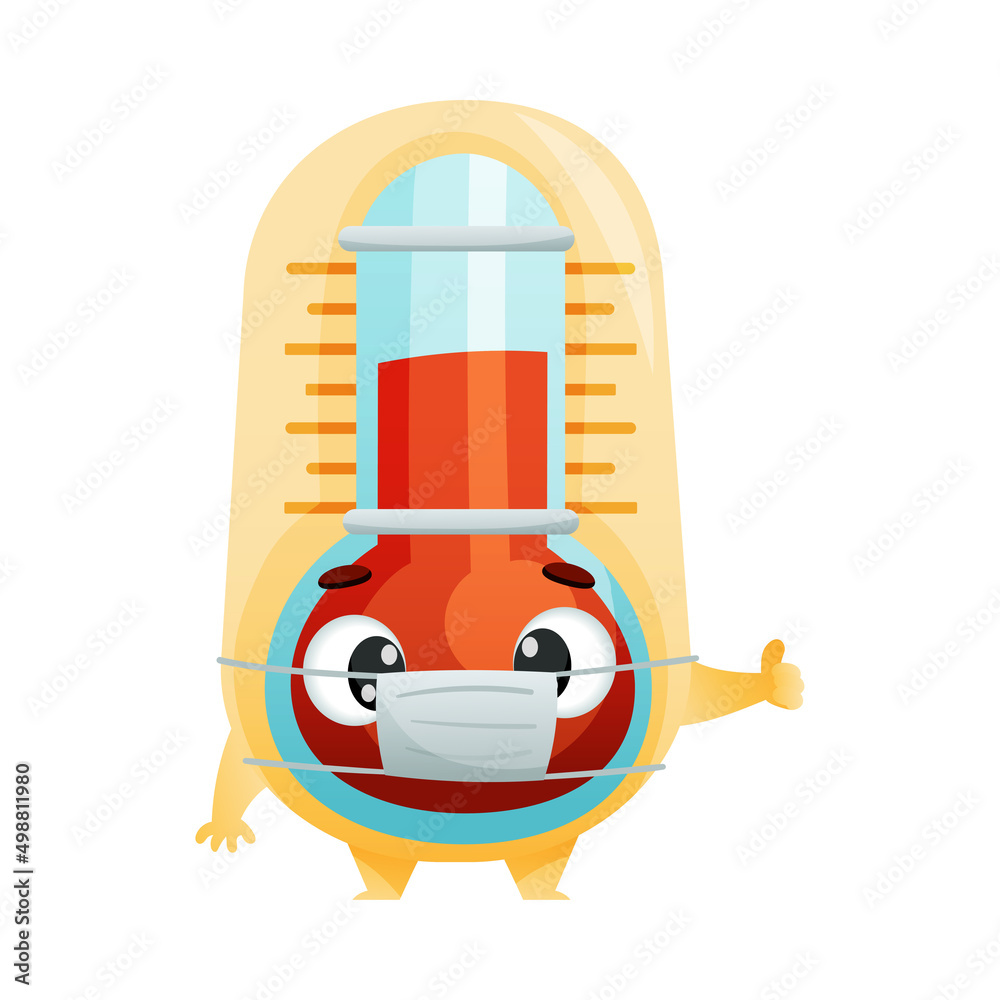 Cartoon Thermometer Character Wearing Face Mask Showing Thumb Up Vector ...