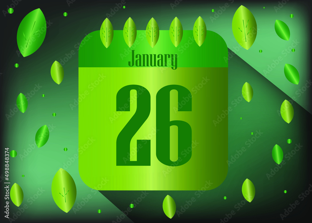26 January. calendar icon for day of month and year with green leaves ...