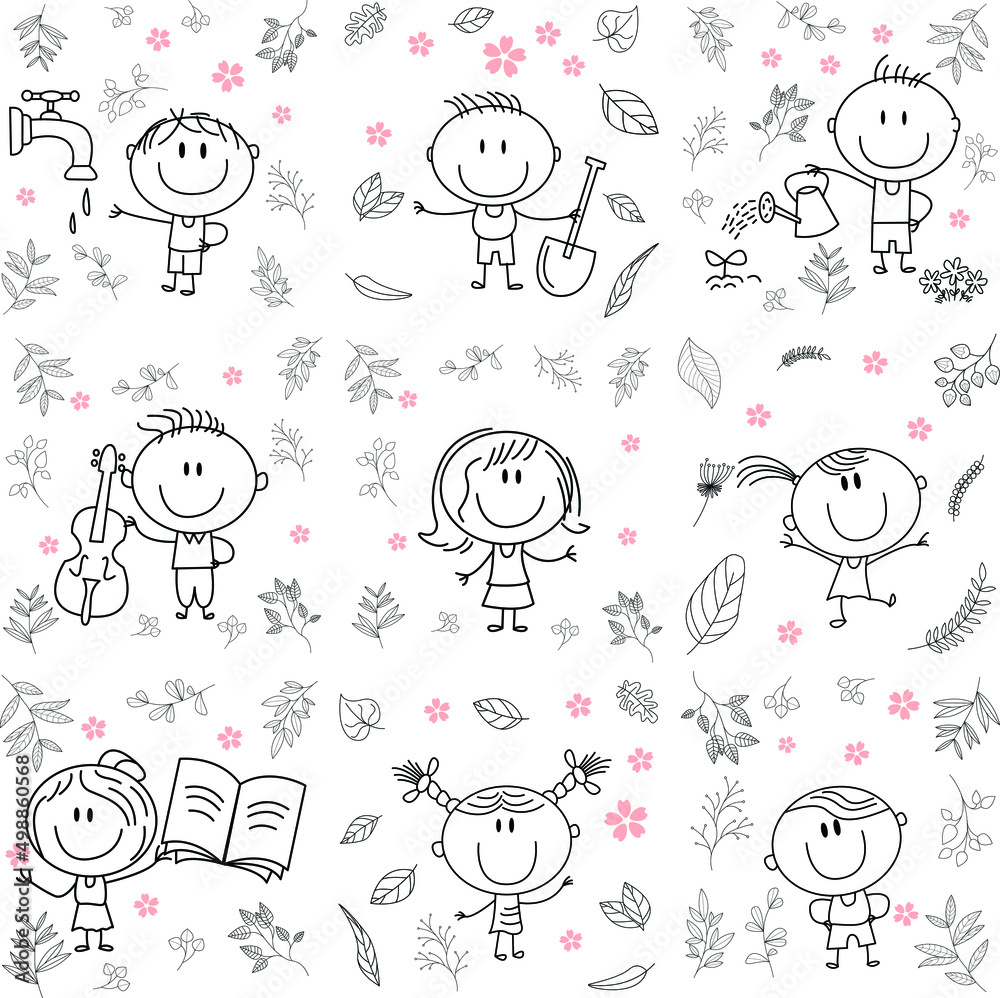 cartoon activity illustration of a smiling set of hand drawn elements ...