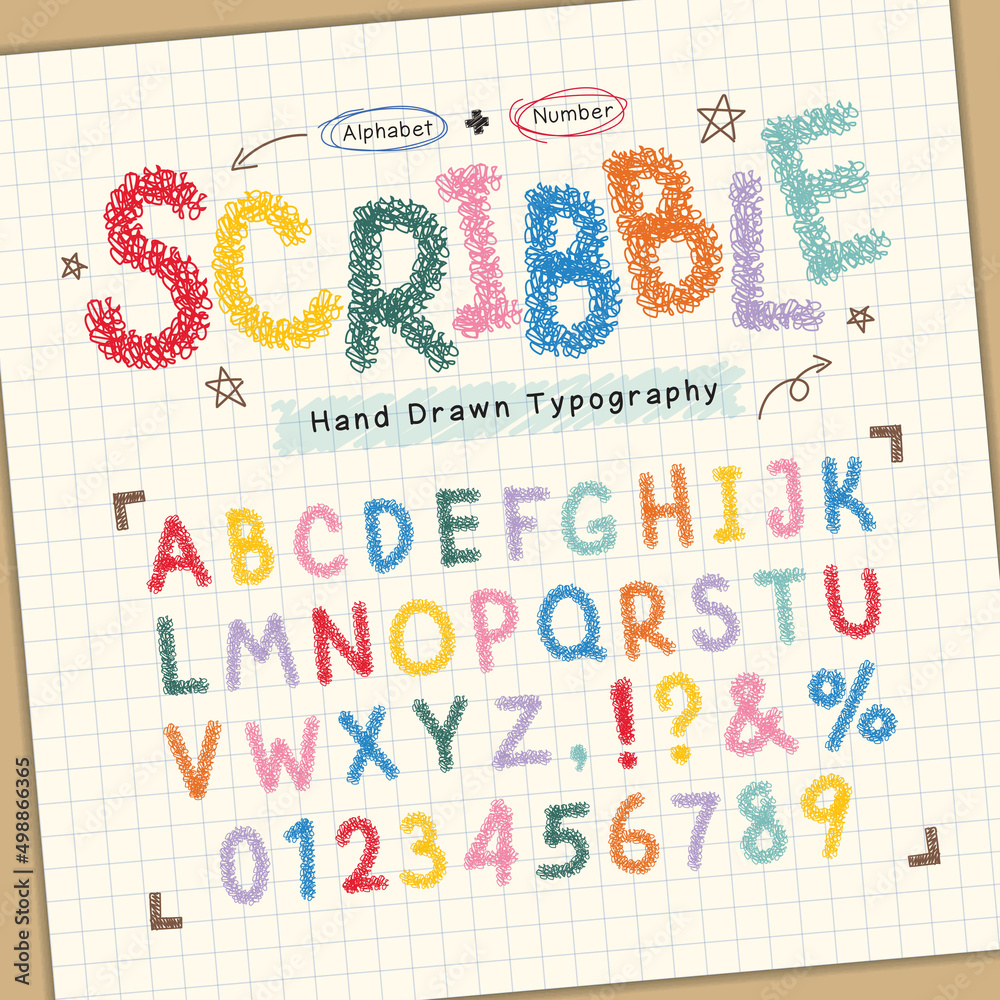Colorful pencil scribble alphabet and number set. Kids hand drawn font ...