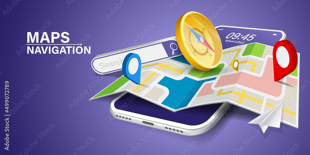 smartphone with mobile navigation app on screen. Route map with symbols ...