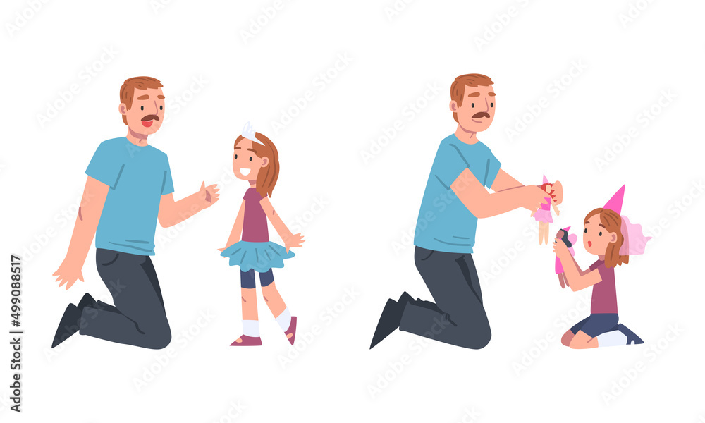 Dads having good time with their kids set. Father playing doll with ...