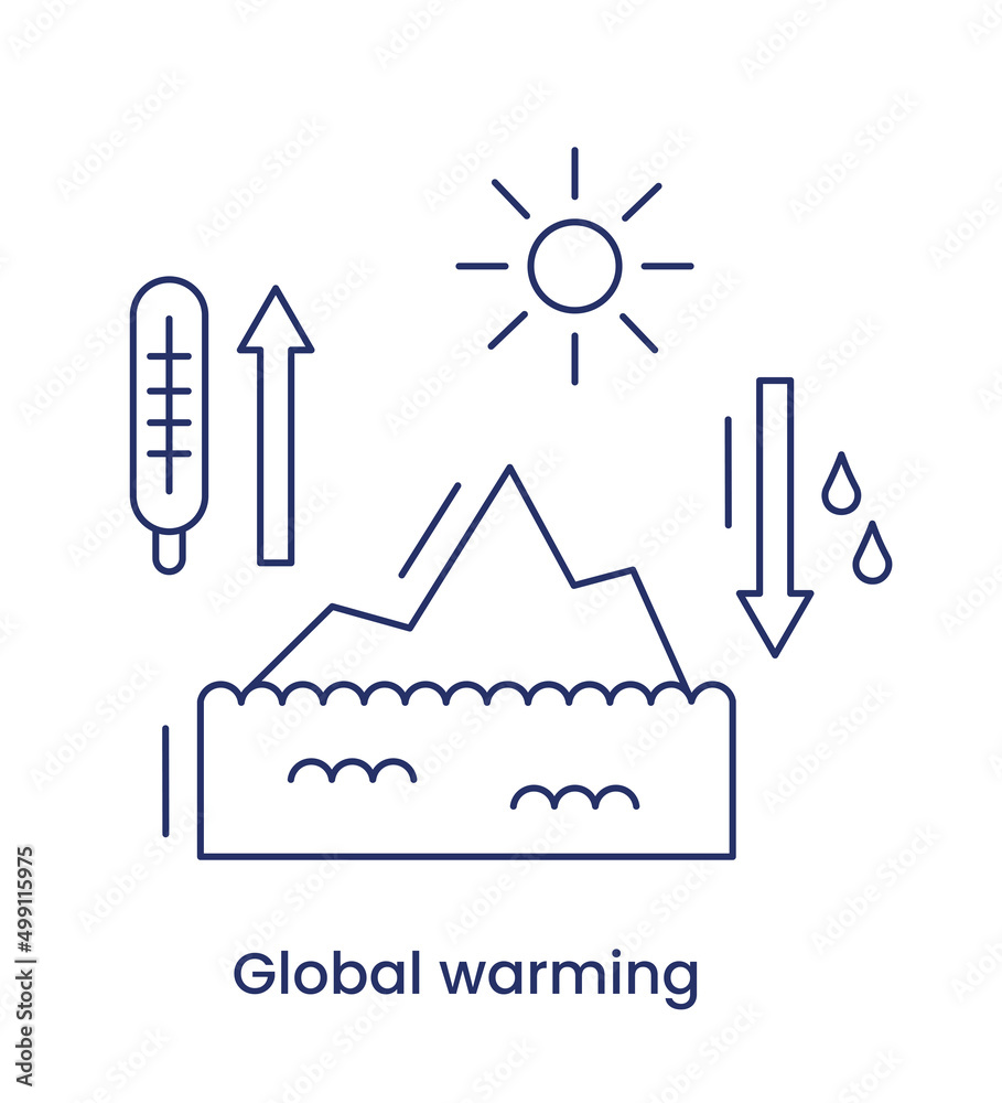 Problem global warming line icon. Global temperature rise, melting ice ...