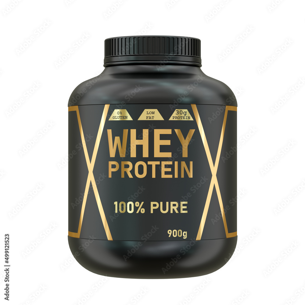 Realistic black plastic bottles of whey protein with mockup label ...
