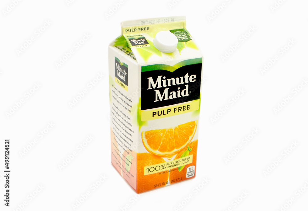 Stock Foto Minute Maid Brand Orange Juice Pulp Free Isolated Over a White Background Adobe Stock