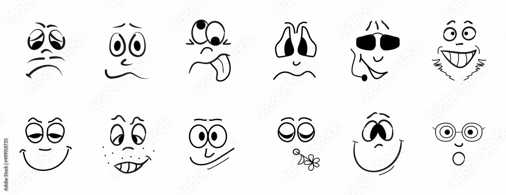 Crazy faces vector set in line art style. Emotion, avatar, caricature ...