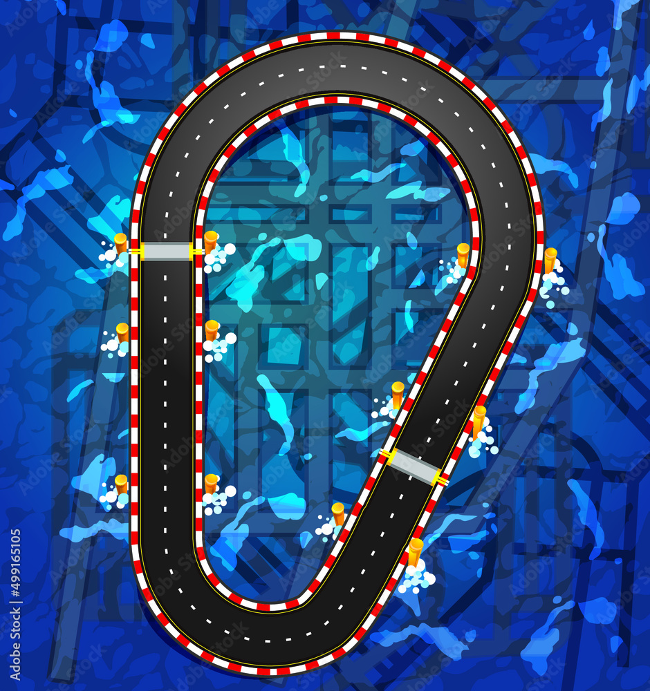 Top view of car racing track on the sea with sink street and road ...