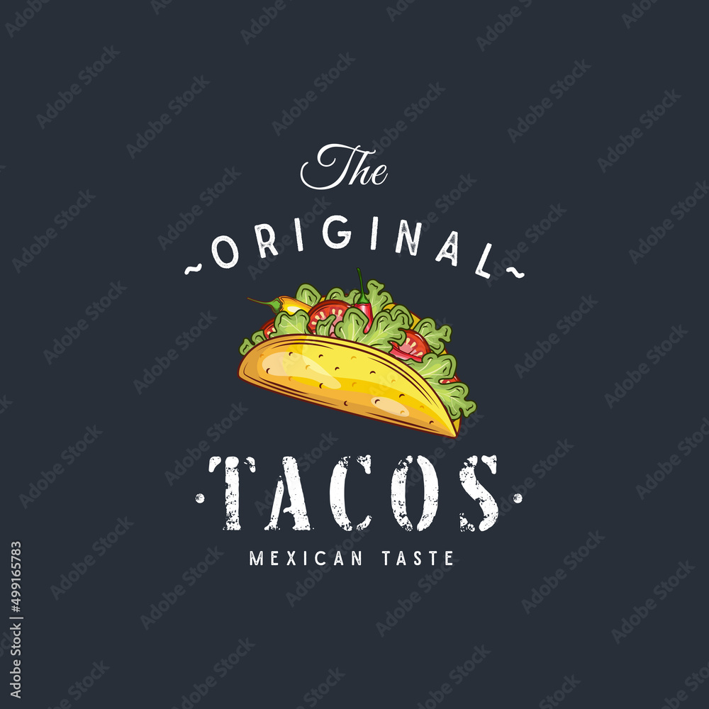 Hand drawn logo tacos silhouette and modern vintage typography retro ...
