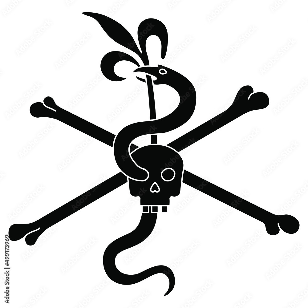 Human skull and crossed bones with a snake and leaf sprout. Medieval ...