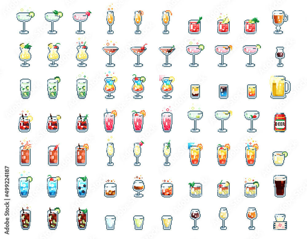 Mega collection of pixel art 8 bit gamer design cocktails. Vector emoji ...