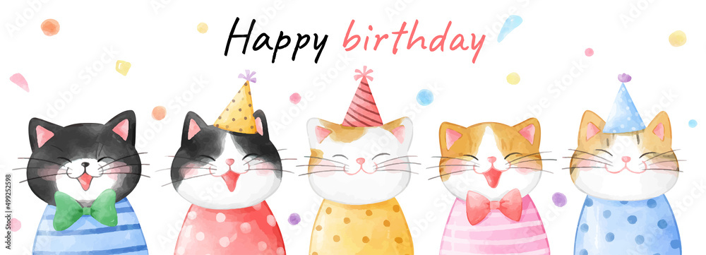 Draw banner funny cat Birthday concept Watercolor style Stock Vector ...