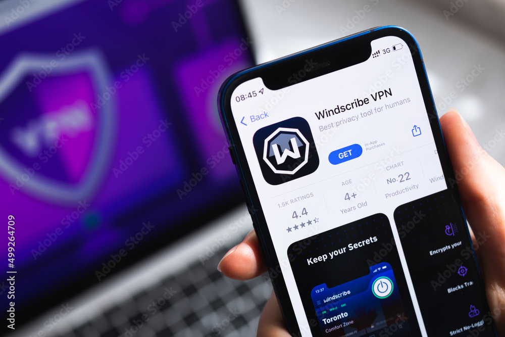 Windscribe VPN app. Icon close-up. Smartphone in hand with VPN ...