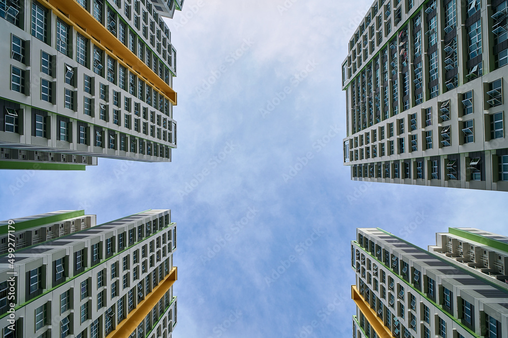 Low angle view of public housing HDB resident buildings/ flats complex ...
