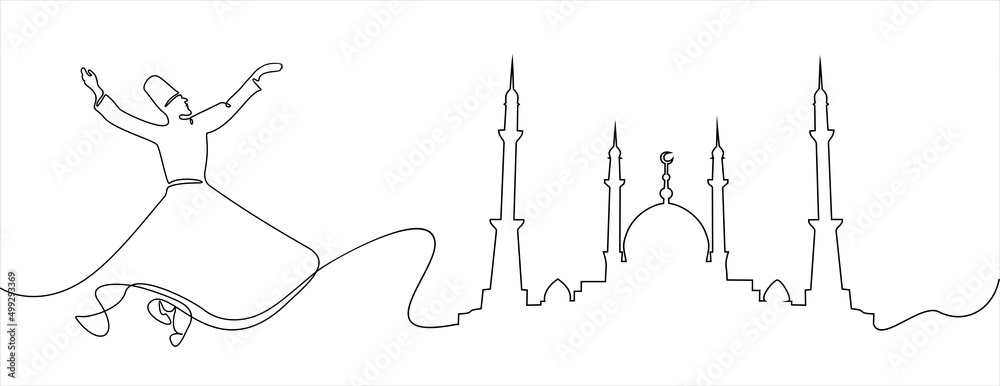 Continuous one line drawing of sufi dancer vector illustration ...