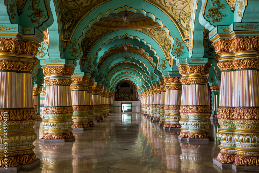 Durbar Hall or Audience Hall inside the royal Mysore Palace. Beautiful ...