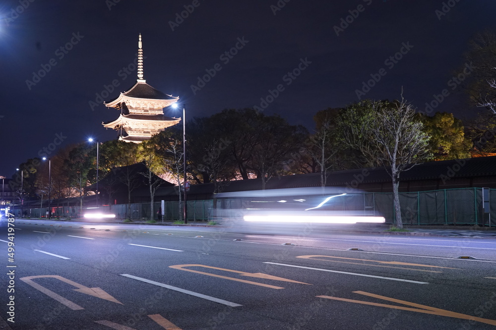 Night View, Five-story pagoda of Toji Temple and Sakura, Cherry Blossom ...