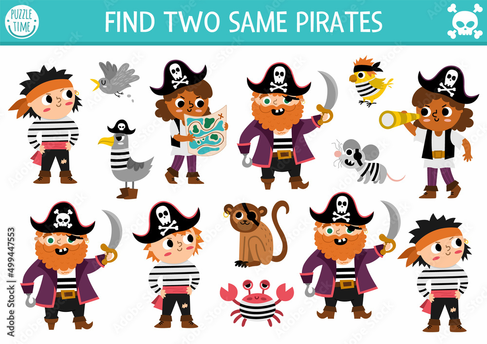 Find two same pirates. Treasure island matching activity for children ...