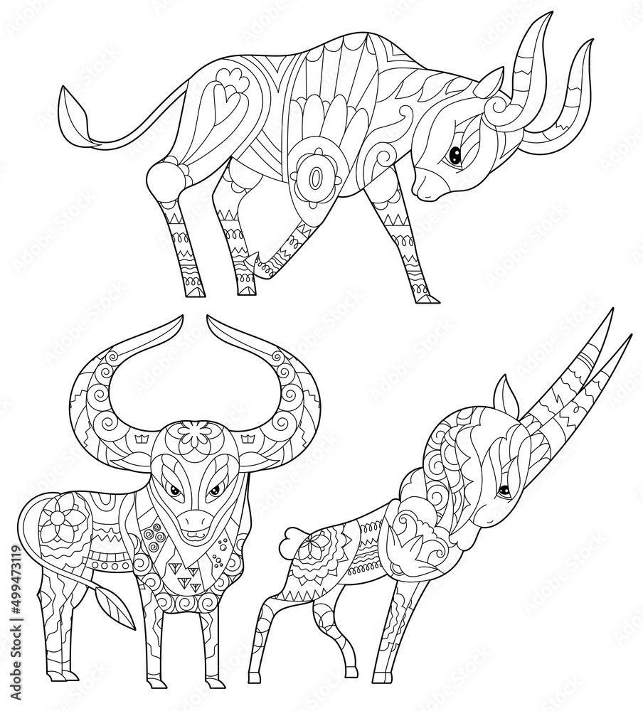 Cute animals bighorns. Doodle style, black and white background. Funny ...