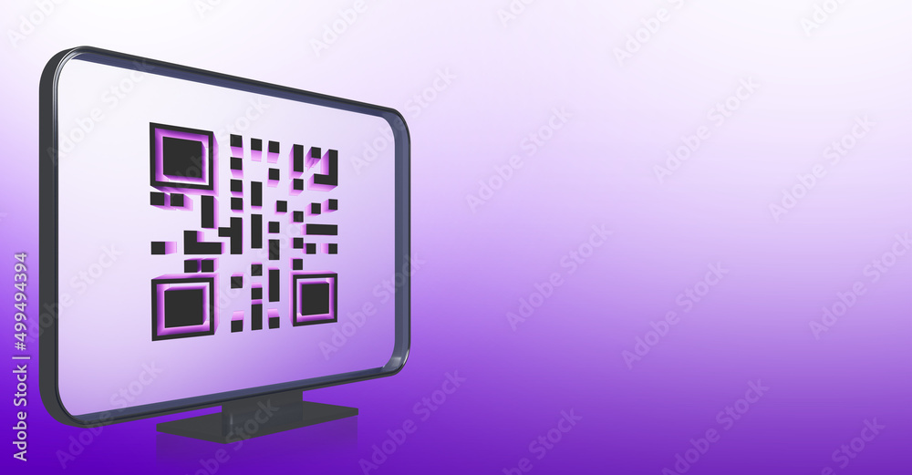 Qr code on the screen of computer monitor. Lilac background with space ...