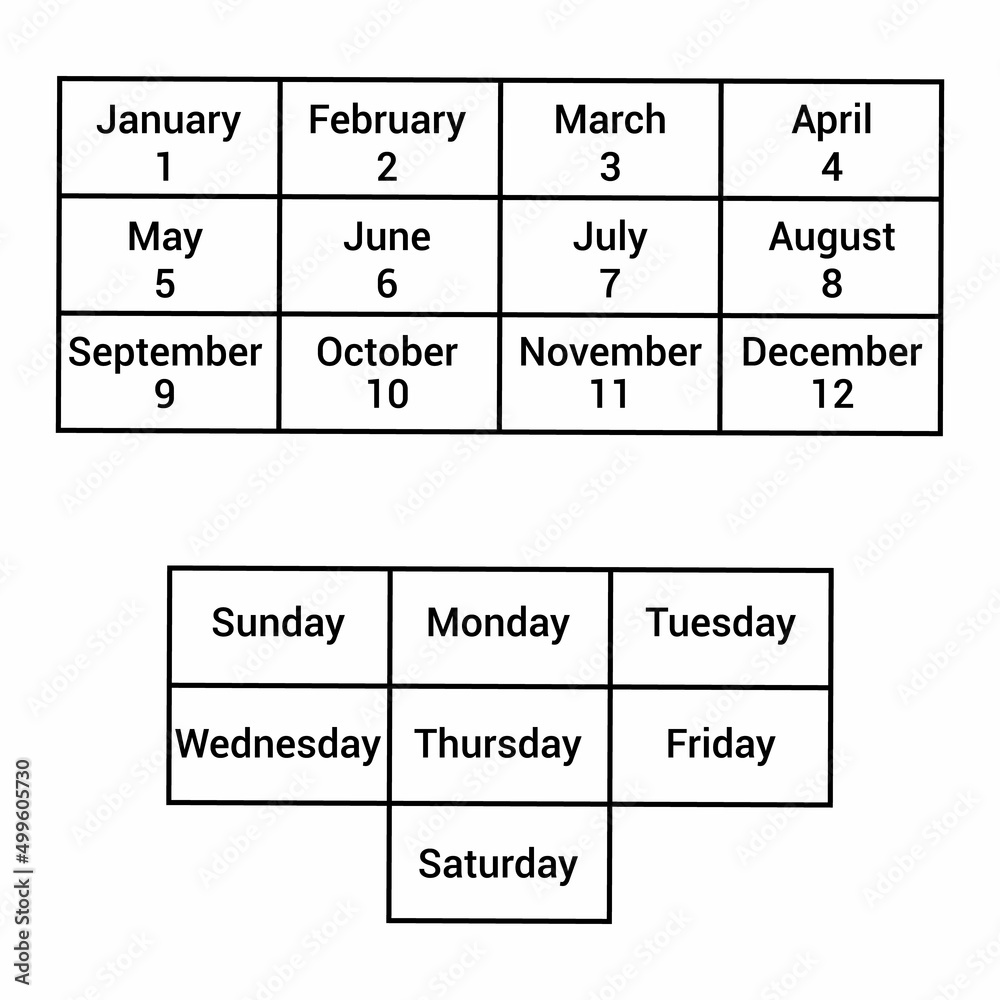 Months of the year and days of the week chart in English Stock Vector ...
