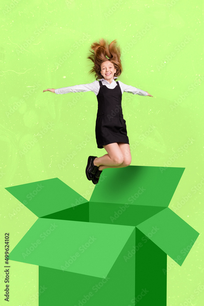 Full size vertical composite picture of delighted school girl jump out ...