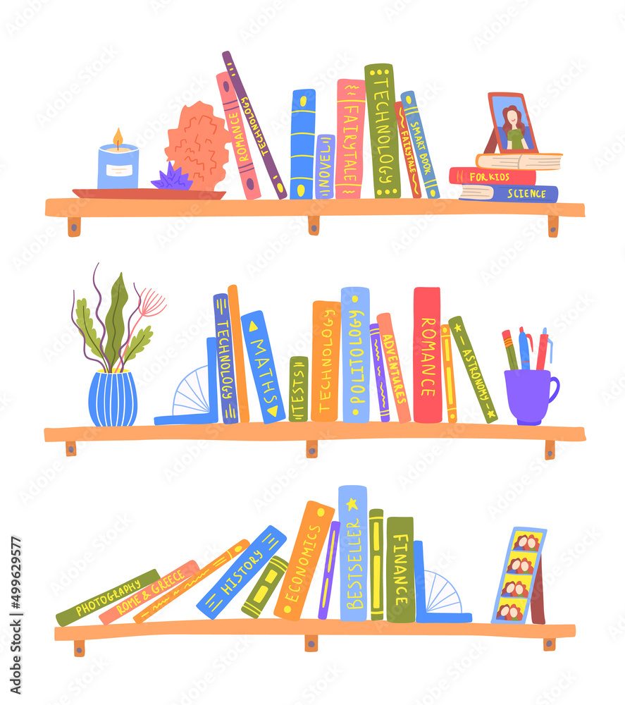 Cartoon Color Bookshelves with Books Set Elements of Inside Interior ...
