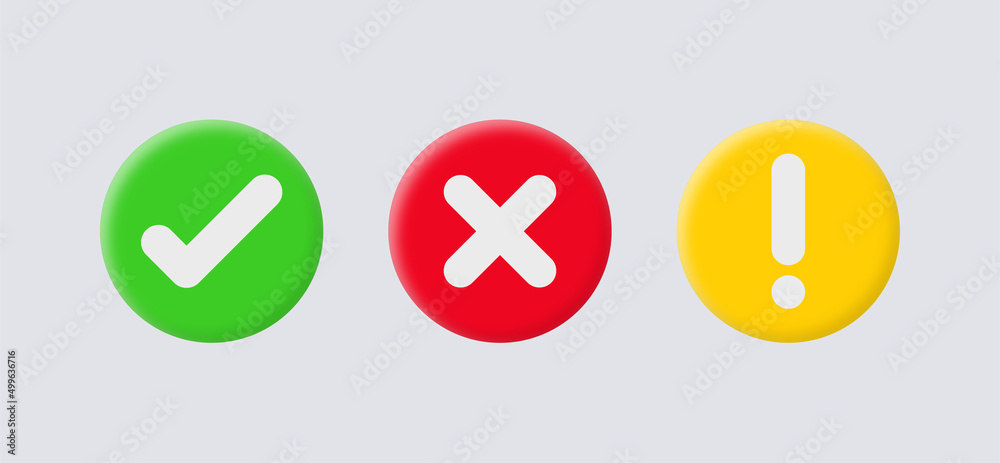 Vector de Stock 3d checkmark icon button with 3d exclamation mark icon correct incorrect and ...