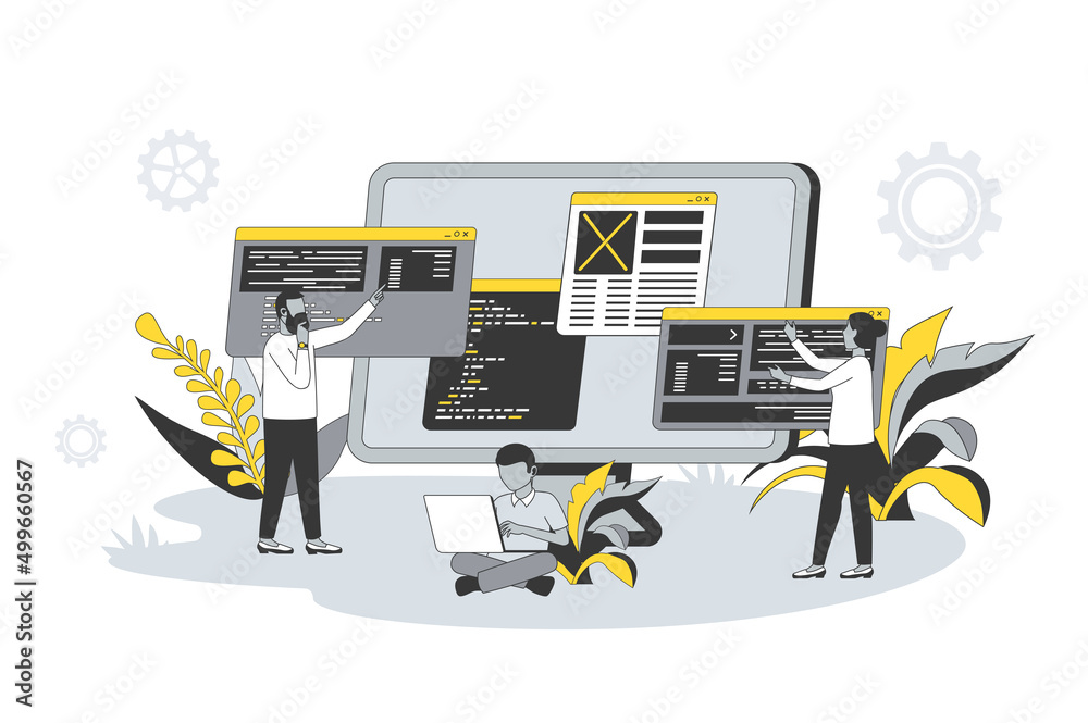 Computer programming concept in flat line design. People create software, write code and scripts ...