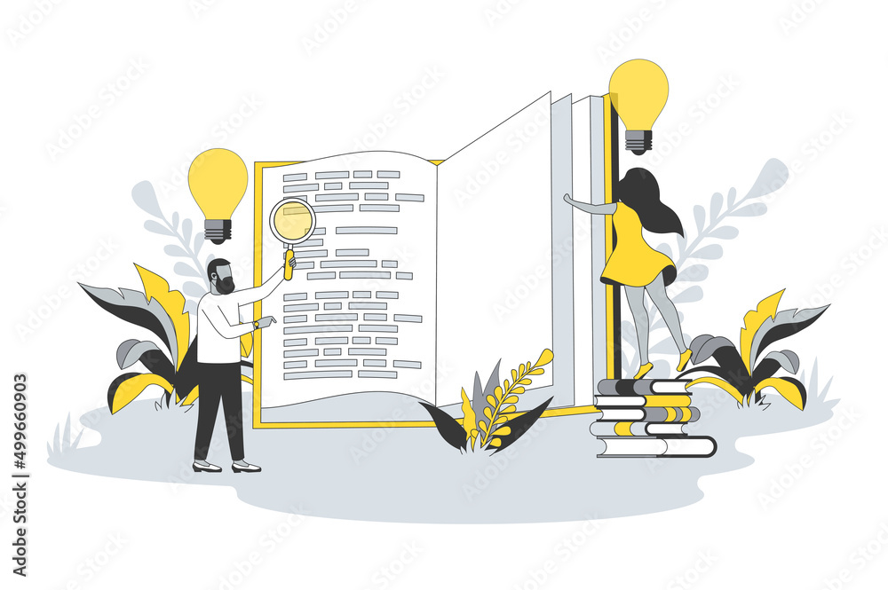 Knowledge and thinking concept in flat line design. People read books ...
