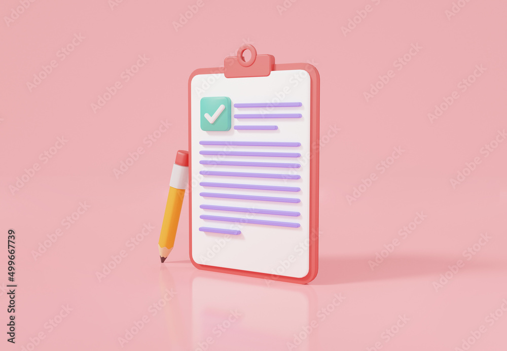 3d Rendering illustration of White clipboard with checklist and pencil ...