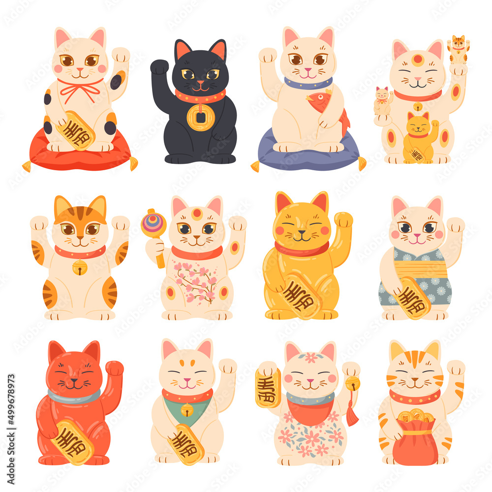 Lucky kittens, oriental Japanese souvenir lucky cats. Cartoon asian ...