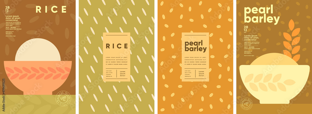 Pearl barley. Rice. Set of vector illustrations. Label design, price ...