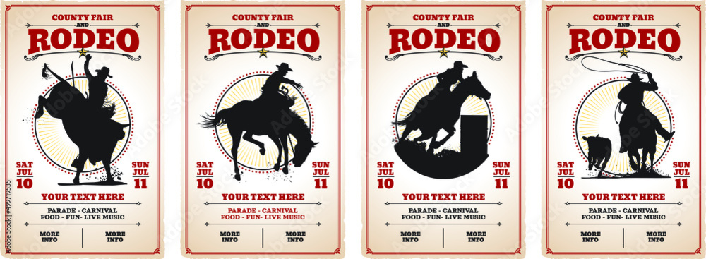 Four (4) rodeo event posters. Each has a different silhouette. A saddle ...