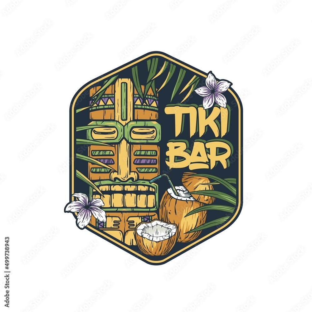 Tiki bar with tiki mask, surfs and tropical leavs. Exotic hawaiian mask ...