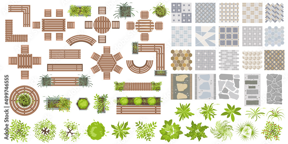 Set of elements for landscape design top view. Collection of outdoor ...