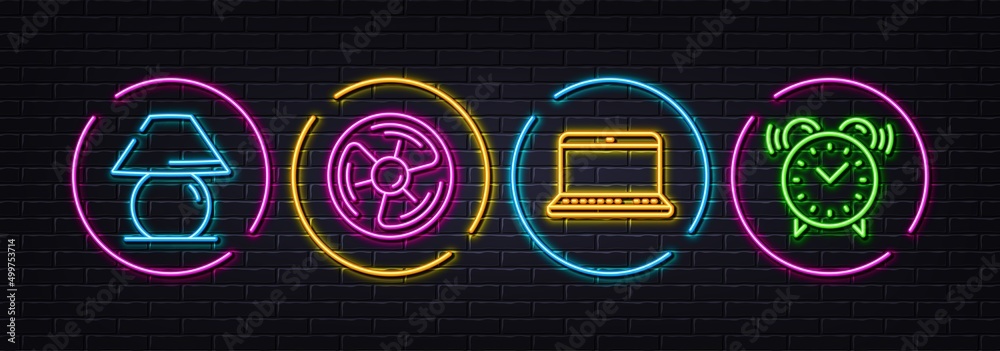 Notebook, Air fan and Table lamp minimal line icons. Neon laser 3d ...