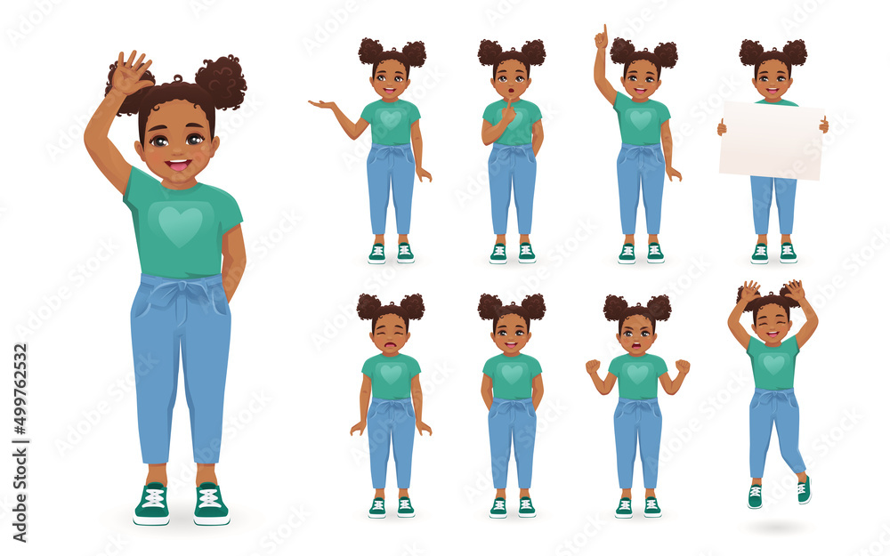 Smiling little girl in different poses set. Various kid gestures ...