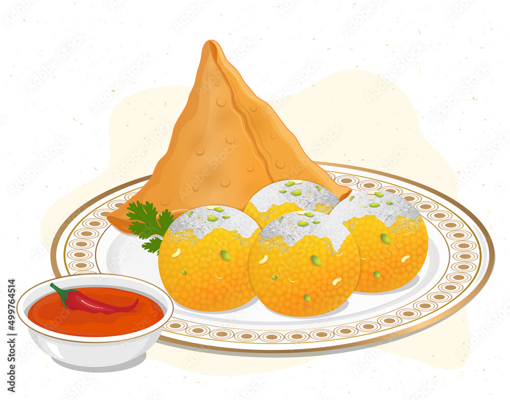 Samosa and Ladoo Indian Food vector illustration With Red tomato Souce ...