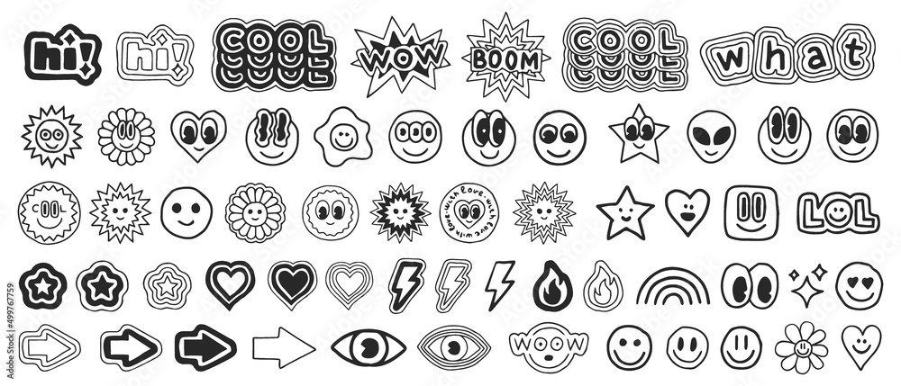 Set Of Cool Emoticon Smile Stickers. Collection Of Happy Funny Smile ...