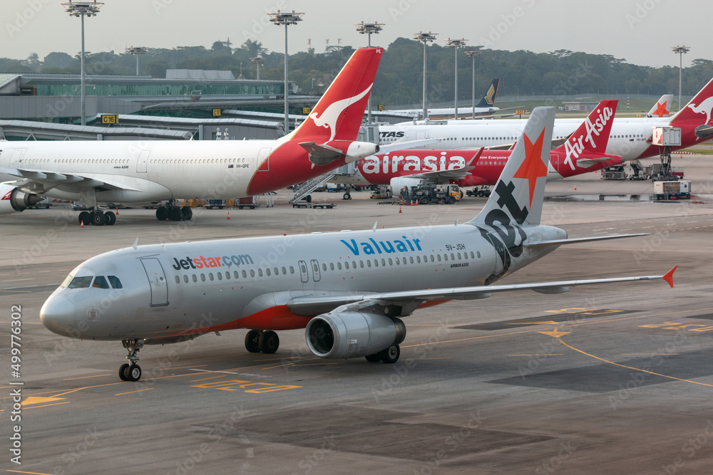 Foto de Stock Singapore - August 26, 2014: Jetstar Asia (Valuair ... Foto de Stock Singapore - August 26, 2014: Jetstar Asia (Valuair ...