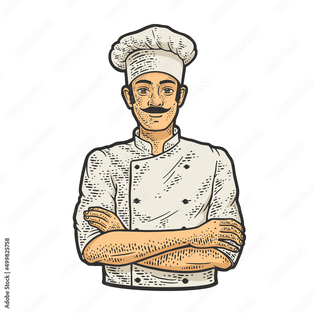 chef man in chef hat toque line art color sketch engraving vector ...