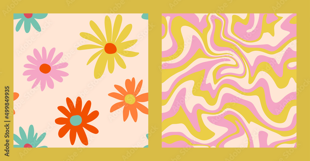 1970 Daisy Flowers and Wavy Swirl Seamless Pattern Set in Yellow, Pink ...